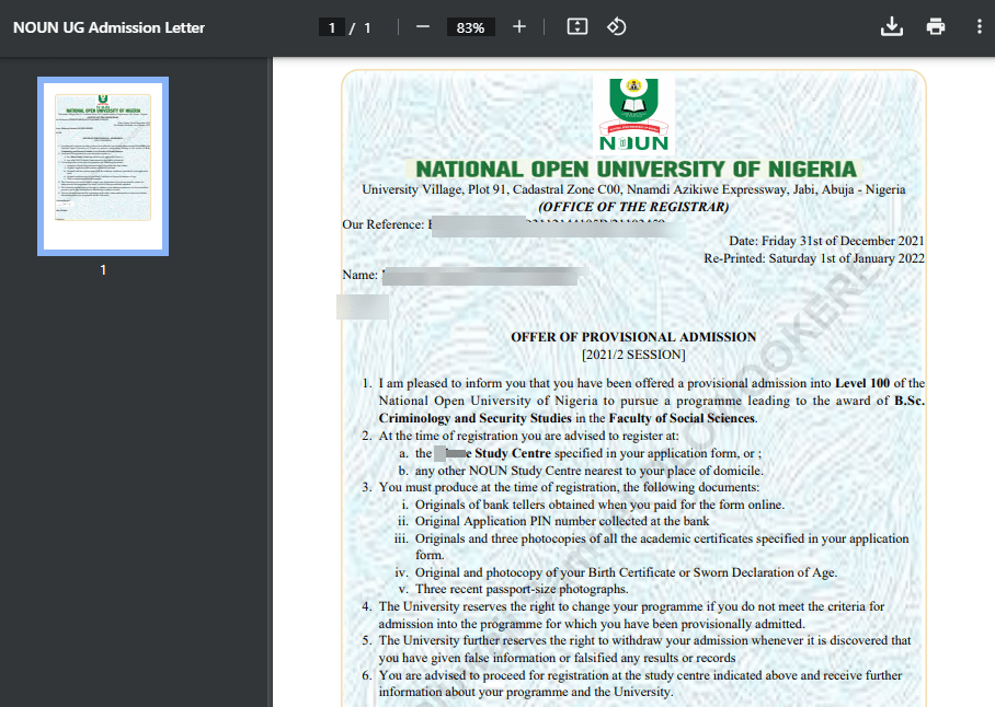 How To Re print NOUN Admission Letter NounGeeks